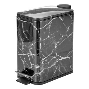 mdesign slim metal rectangle 1.3 gallon/5 liter trash can with step pedal, easy-close lid, removable liner - narrow wastebasket garbage container bin for bathroom, bedroom, kitchen - black marble