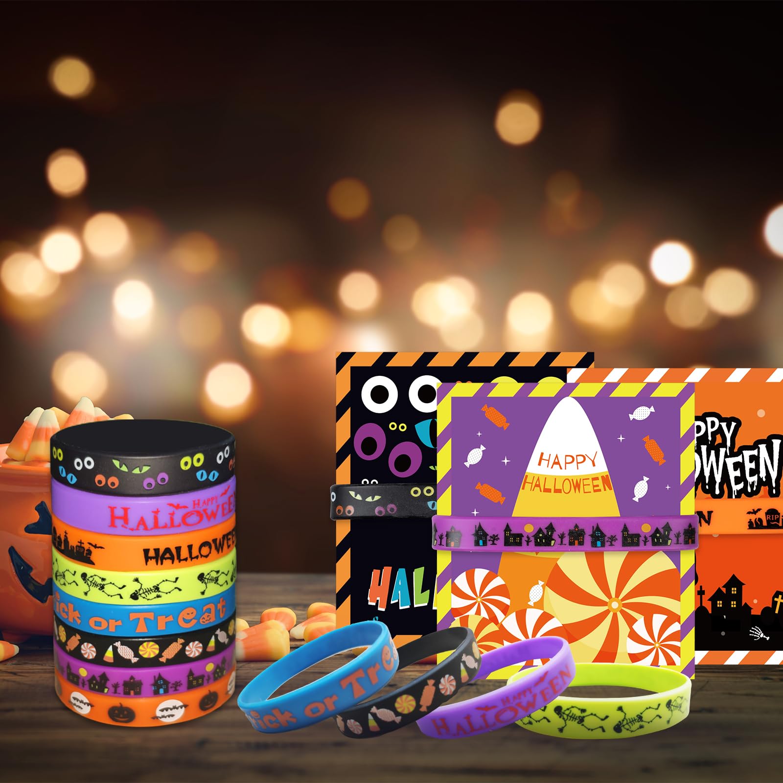 GuassLee Kids Halloween Party Favors Rubber Bracelets, 40pcs Halloween Silicone Wristbands and Cards for Kids Halloween Trick or Treat Gifts, Halloween Giveaways, Halloween Goodie Bag Fillers Supplies