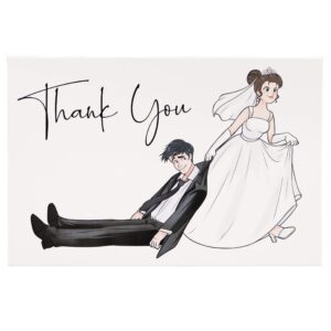 iconikal funny wedding thank you note greeting cards with envelopes, bride dragging groom, 30-count