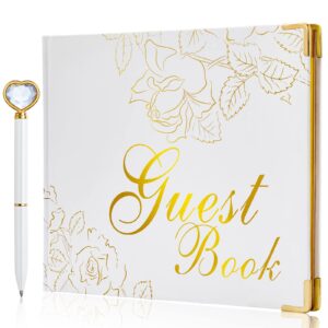 jewphx guest book with pen– 9"x7" hardcover 120 page/60 sheets-gold foil gilded edgesfor guests to sign at a wedding, party, baby or bridal shower(white)