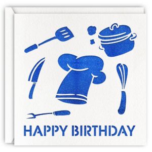 magjuche blue chef happy birthday card, glitter laser cut cooking greeting card for men, father