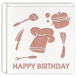 magjuche rose gold chef happy birthday card, glitter laser cut cooking greeting card for women, mom