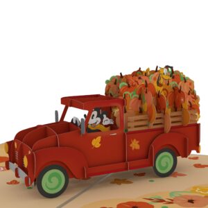 lovepop disney's thanksgiving pop-up card for her and him - 3d holiday greeting cards for boys, girls, men, women - mickey mouse harvest truck 5" x 7" pumpkin - blank note card & envelope included