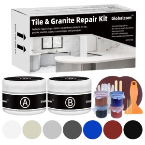 globalcom tile and granite/marble repair kit, porcelain stone and quartz countertops repair kit for chips dents cracks holes scratchs, fix chipped edges corners, reattaches missing pieces