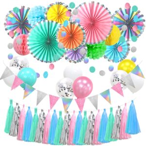 24 pcs hanging paper fans decoration colorful tassel garland party supplies iridescent glitter banners balloons tissue paper pom poms flowers honeycomb for girl women bridal shower wedding graduation