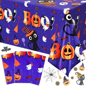 tegeme bulk halloween tablecloth for kids party 108 x 54 inch disposable plastic rectangular table covers with cute cat pumpkin boo decorations for happy halloween birthday party supplies(3 pack)