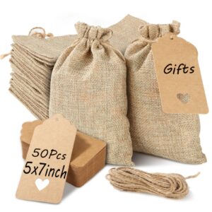 acrux7 50 pcs 5 x 7 inch burlap gift bags, small burlap bags with drawstrings, tags and string, burlap sacks, burlap wedding favor bags, jute gift bags for storing small gifts, jewelries, candy