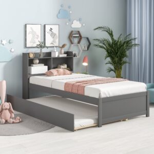 olela twin bed with trundle bookshelf, platform twin bed with trundle with bookcase storage for girls boys, no need box spring (grey)