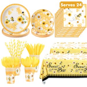 194pcs bumble bee themed party supplies bee party decorations - bee paper plates and napkins, tablecloth, tableware, what will it bee gender reveal birthday baby shower party supplies, serves 24