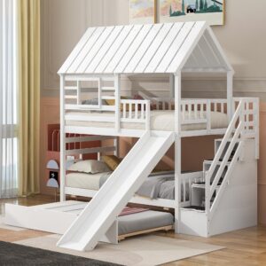 twin over twin house bunk bed with stairs and slide, wooden bunk bed frame with trundle and storage, roof and window design, for kids teens girls boys (white)