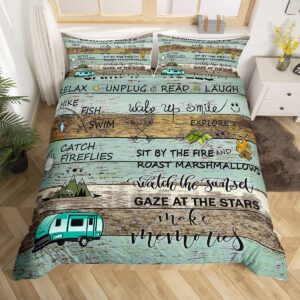 camping rules duvet cover camper bedding set queen size for kids child,rustic cabin camping comforter cover(no comforter),farmhouse camping decor quilt cover vintage wooden plank happy camping decor