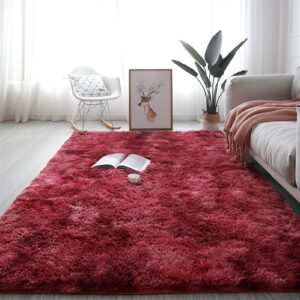 lifup soft fluffy modern fuzzy abstract area rug, cozy plush rectangle rug shaggy carpet for living room bedroom home décor tie dye wine red 6.6 x 6.6 feet