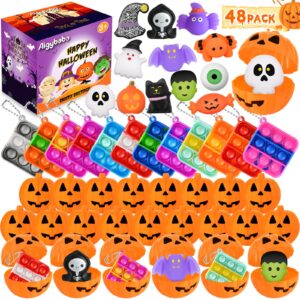 48 halloween toys pack with pumpkin box, halloween party favors gifts for kids, halloween goodie bag stuffers with bubble push it keychain, halloween prizes treats non candy school classroom favors