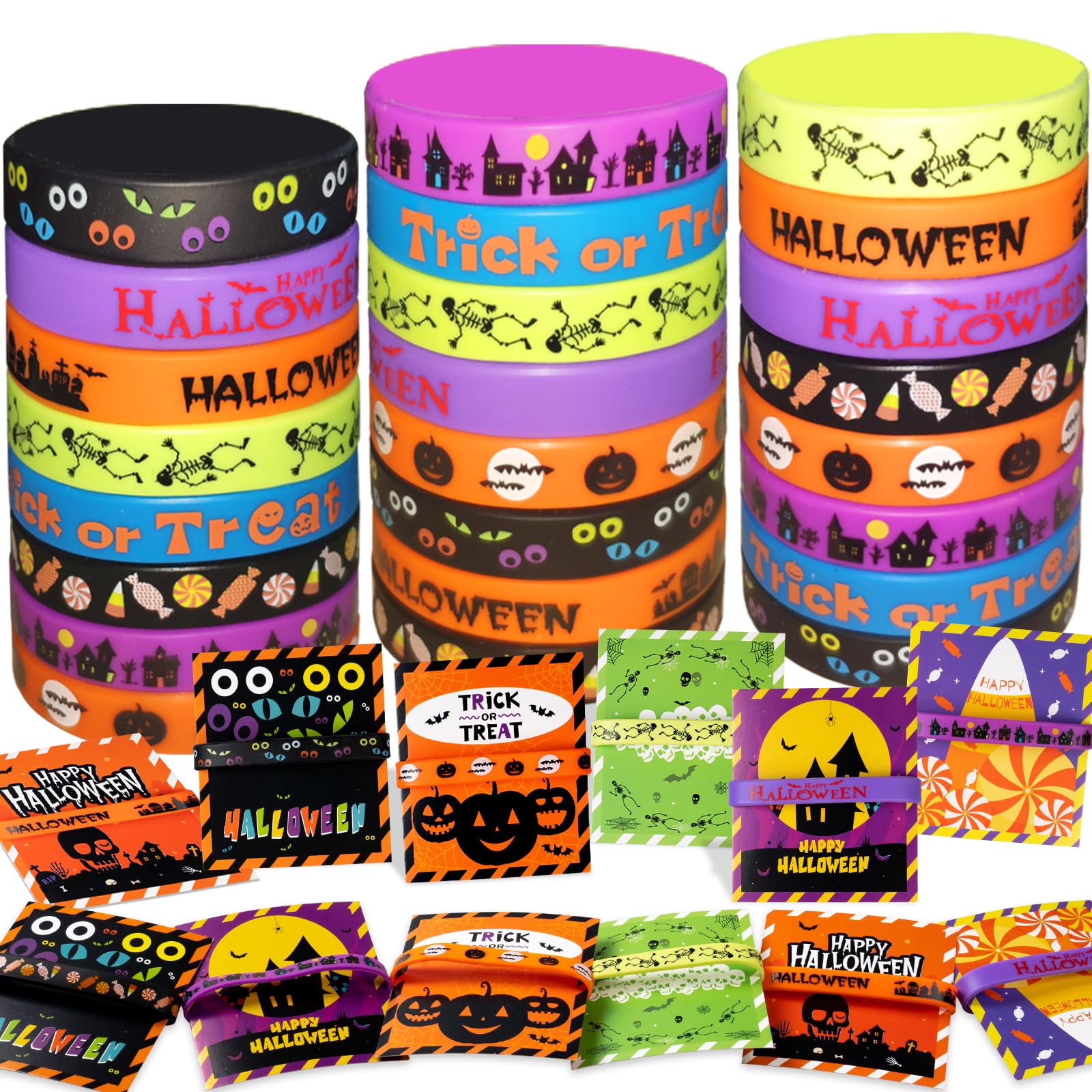 GuassLee Kids Halloween Party Favors Rubber Bracelets, 40pcs Halloween Silicone Wristbands and Cards for Kids Halloween Trick or Treat Gifts, Halloween Giveaways, Halloween Goodie Bag Fillers Supplies