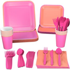 crayola color pop pink & peach orange party supplies (12 dinner plates, 12 dessert plates, 12 paper cups, 24 napkins, 12 sets of plastic cutlery) for birthdays, bridal showers (5clp1002)