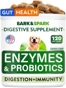 bark&spark dog probiotics & digestive enzymes (gut health) allergy & itchy skin - pet diarrhea gas treatment upset stomach relief pill, digestion health prebiotic supplement tummy treat (120ct bacon)