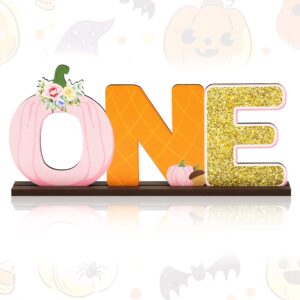 awsertantue pink pumpkin one letter sign table wooden centerpiece for baby girls first birthday party decorations, glitter pumpkin girls one year old baby shower 1st birthday ornaments photo prop