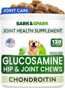 bark&spark glucosamine chondroitin dog hip & joint supplement - joint pain relief - hip & joint chews - joint support large small breed - senior doggie vitamin pill joint health (120 treats - bacon)