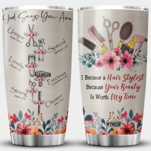 mymisor god says you are tumbler cosmetology hairstylist bible saying gift for salon owner 20oz stainless steel tumblers flower girl present hairdresser hairdressing christian cups