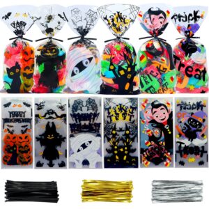 veylin 120pcs halloween cellophane treat bags, cartoon clear candy bags with twist ties for halloween party favors supplies