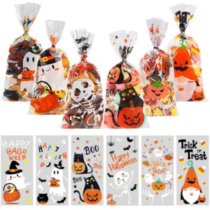 steford 120pcs halloween cellophane treat bags,halloween clear cellophane trick or treat candy gift cookie bags with twists for halloween party favors supplies