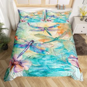 feelyou girls dragonfly bedding set floral dragonfly duvet cover for kids boys girls ornamental dragonfly comforter cover botanical bed set 1 duvet cover with 2 pillowcases queen size (no comforter)