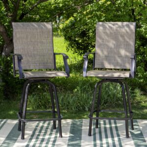 hera's house outdoor swivel bar stools, outside bar height patio chairs set of 2 with solid back & armrest, all weather textilene sling fabric chair for lawn garden