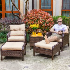 yitahome 5 piece wicker patio furniture set, patio set porch furniture outdoor lounge chair with ottoman and side table, brown