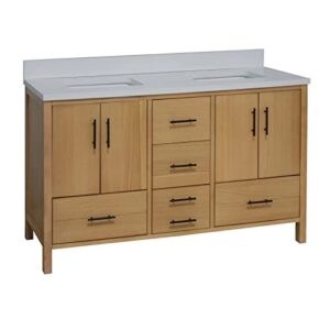 kitchen bath collection california 60-inch double bathroom vanity (matte white/blonde): includes blonde cabinet with matte white countertop and white ceramic sinks