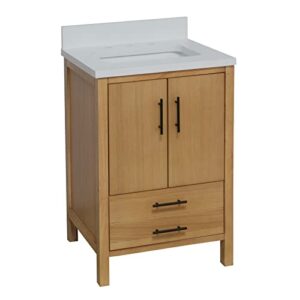 california 24-inch bathroom vanity (matte white/blonde): includes blonde cabinet with matte white countertop and white ceramic sink