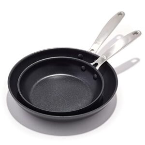 oxo enhanced 8" and 10" frying pan skillet set, healthy ceramic nonstick, pfas-free, stainless steel handle, dishwasher safe, oven safe, black