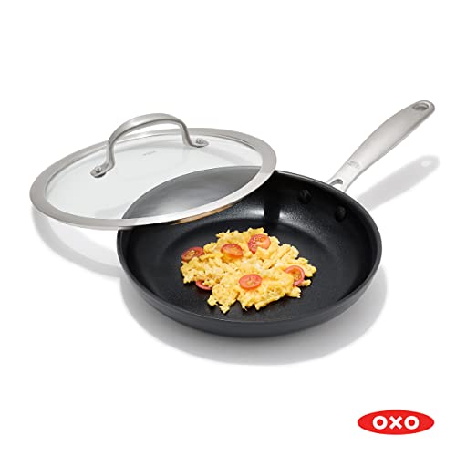 OXO Good Grips Pro, 9.5" Frying Pan Kitchen Skillet with Lid, 3-Layered German Engineered Nonstick Coating, Dishwasher Safe, Oven & Broiler Safe, Stainless Steel Handle, Black