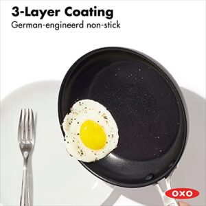 OXO Good Grips Pro, 9.5" Frying Pan Kitchen Skillet with Lid, 3-Layered German Engineered Nonstick Coating, Dishwasher Safe, Oven & Broiler Safe, Stainless Steel Handle, Black