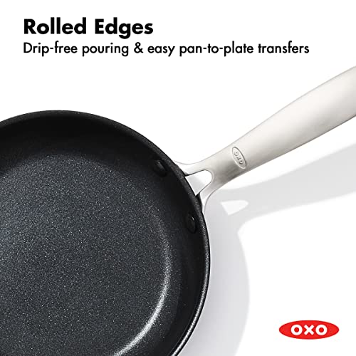 OXO Good Grips Pro, 9.5" Frying Pan Kitchen Skillet with Lid, 3-Layered German Engineered Nonstick Coating, Dishwasher Safe, Oven & Broiler Safe, Stainless Steel Handle, Black