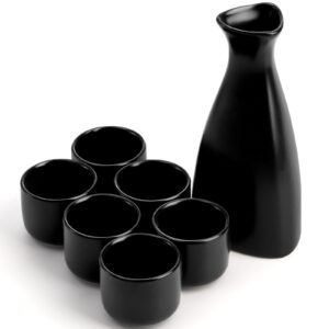 tosnail 7 pieces ceramic japanese sake set, 1 serving carafe and 6 cups - black