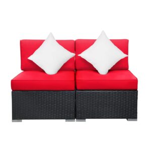 lazyland 2pcs outdoor pe wicker rattan patio sofas, with fade-resistant washable cushions and pillows, leisure conversation kit (red)