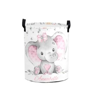 pink gray elephant diamond personalized waterproof foldable laundry basket bag with handle, custom collapsible clothes hamper storage bin for toys laundry dorm travel bathroom