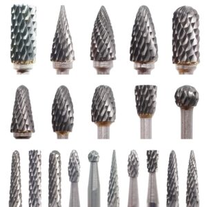 20pcs carbide burr set die grinder bits 1/8" shank double cut assorted solid tungsten carbide rotary burr compatible with dremel for wood carving metal working polishing engraving drilling