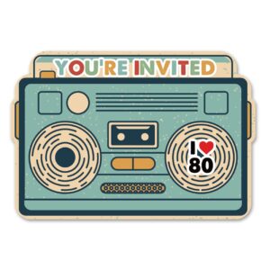 80s birthday party invitations with envelopes, 20 set 80's cassette tape shaped invitations birthday bday party invites supplies favors, double-sided