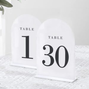 uniqooo white arch wedding table numbers with stands 1-30, 5x7" acrylic signs and holders, perfect for centerpiece, reception, decoration, party, anniversary, event