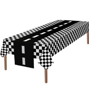 tallew 2 pcs checkered car party supplies disposable tablecloth plastic table cover black and white checkered race table runner for racing birthday party decor favor supplies (black,white)