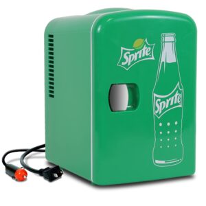 sprite 4l mini fridge 6 can portable cooler warmer personal travel refrigerator for bedroom skincare room car office makeup cosmetics beverage snacks lunch drinks cords desk home dorm green