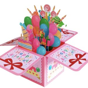 get your merch 3d popup happy birthday card, ideal for sharing a birthday, sending a congratulations, greeting card with envelope and unique design- pink