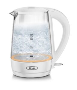 bella 1.7 liter glass electric kettle, quickly boil 7 cups of water in 6-7 minutes, soft orange led lights illuminate while boiling, cordless portable water heater, carefree auto shut-off, white