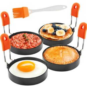 egg rings for frying 4 pcs 3.5 inch large cooking egg molds round egg circles, anti-scald nonstick leakproof egg mould with oil brush