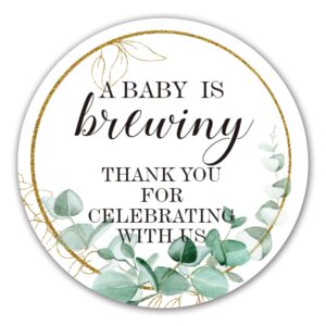 50 greenery a baby is brewing stickers - gender neutral baby shower favor stickers for invitations, candles, popcorn, water bottles - 2 inches.