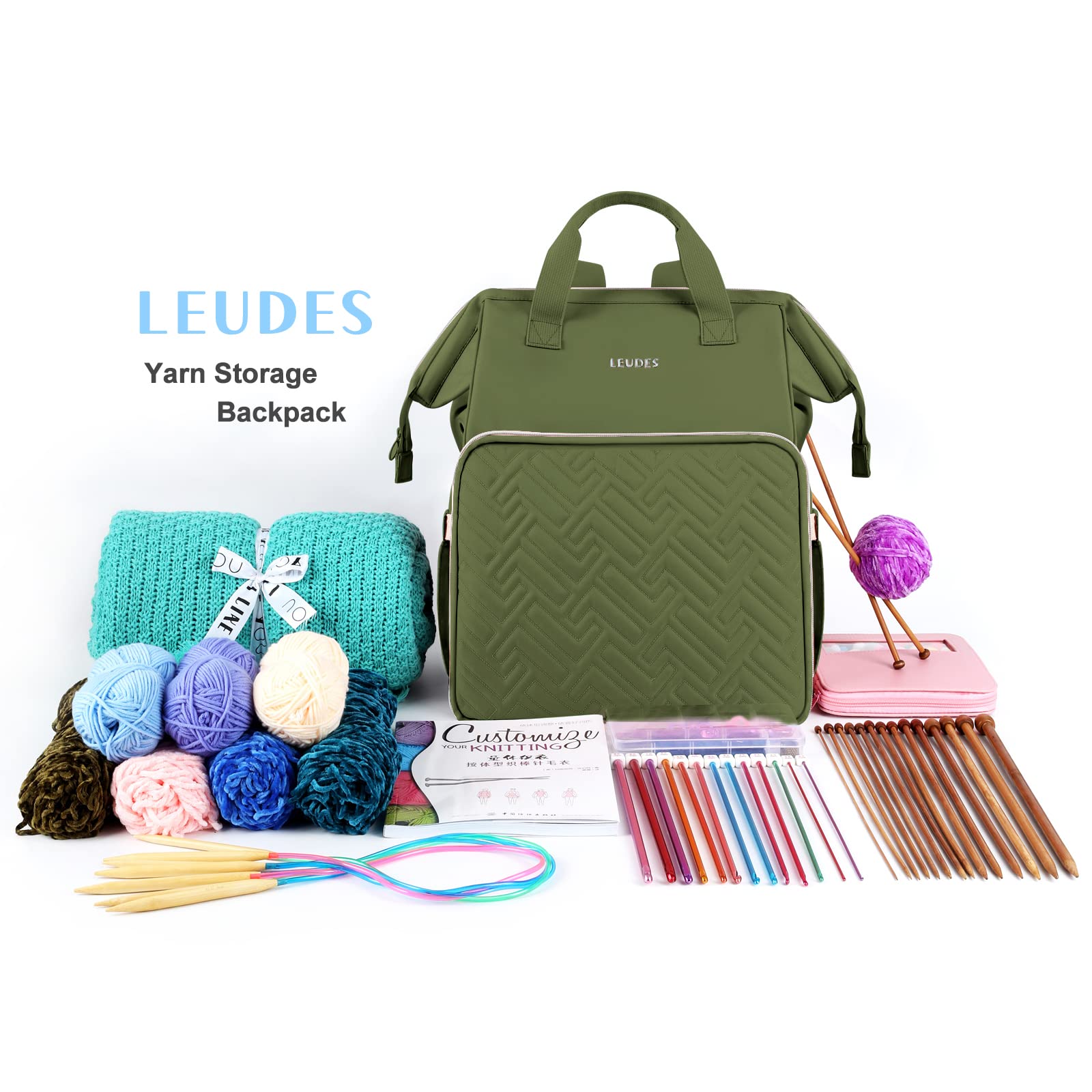 Leudes Knitting Bag Backpack, Yarn Storage Organizer Large Crochet Bag Tote Christmas Gift Yarn Holder Case for Carrying Projects, Knitting Needles (Army Green)