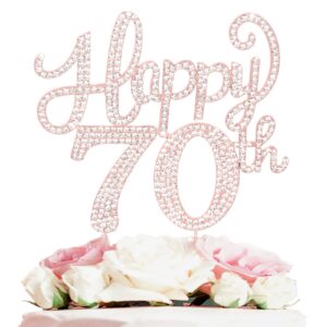 happy 70th birthday rose gold rhinestone cake topper - 70th birthday/anniversary,cheers to seventy years old bday party metal sparkly centerpieces decorations.