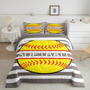 homewish yellow softball comforter set queen size sports games bedding set for kids boys girls bedroom decoration gray white stripes bed duvet insert ball gaming comforter with 2 pillowcase