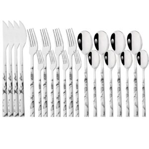 snplowum 20 piece (4 set) silver stainless steel tableware with white marble handle, wedding cutlery and daily use, silverware for home restaurant party, mirror finished